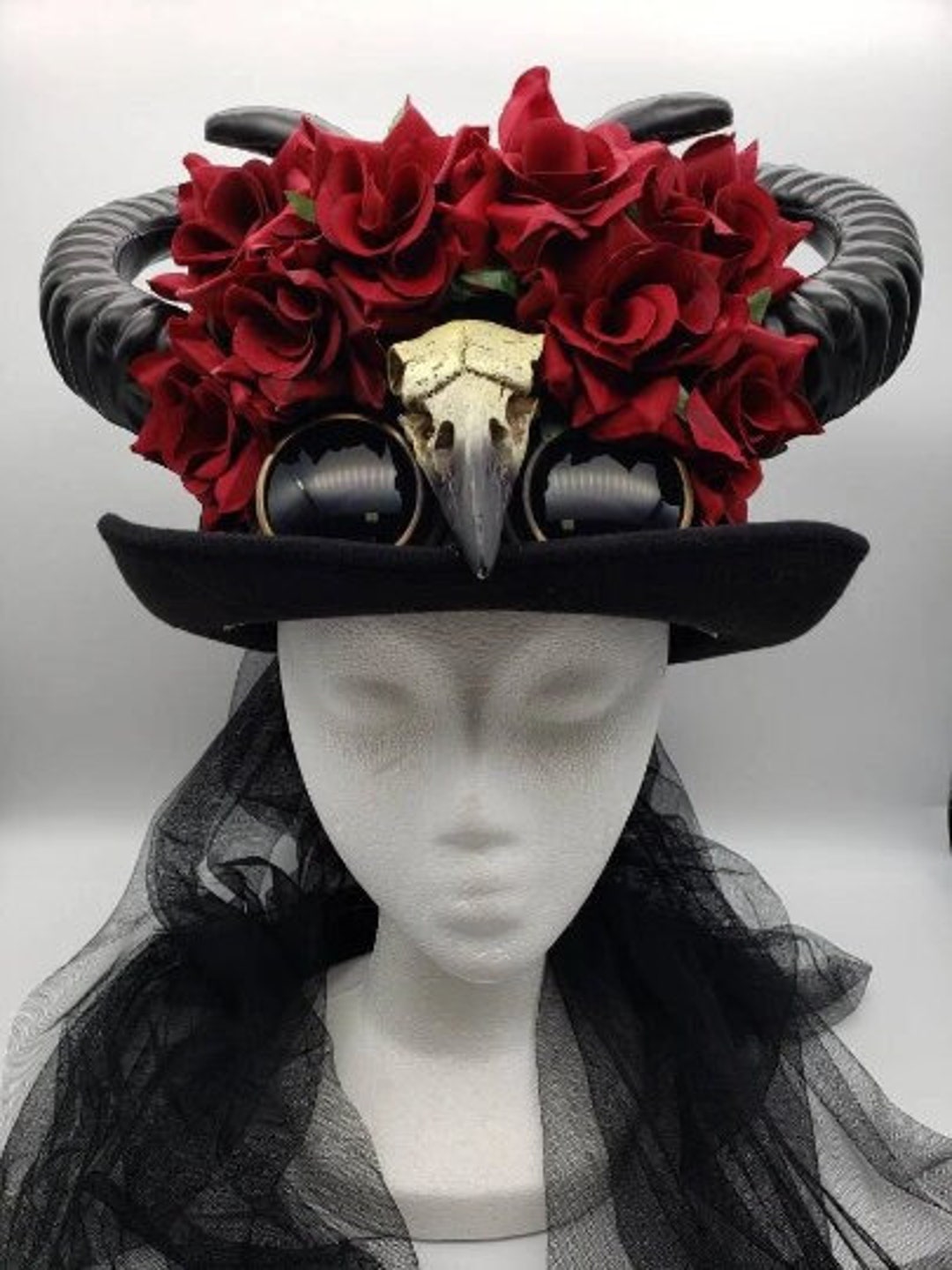Horned Steampunk Top Hat | Roses Goggles Crow Skull Veil | Gothic ...