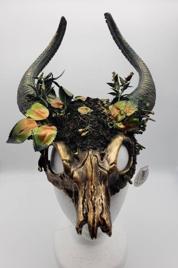 Ancestral Demon Horned Skull Mask With Leaves | Gold | Wendigo Shaman ...