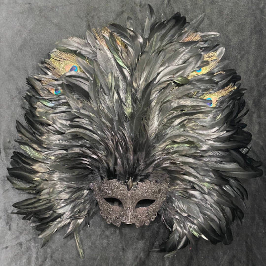 EXTRA LARGE | Feathered Venetian Mardi Gras Masquerade Mask | Black ...