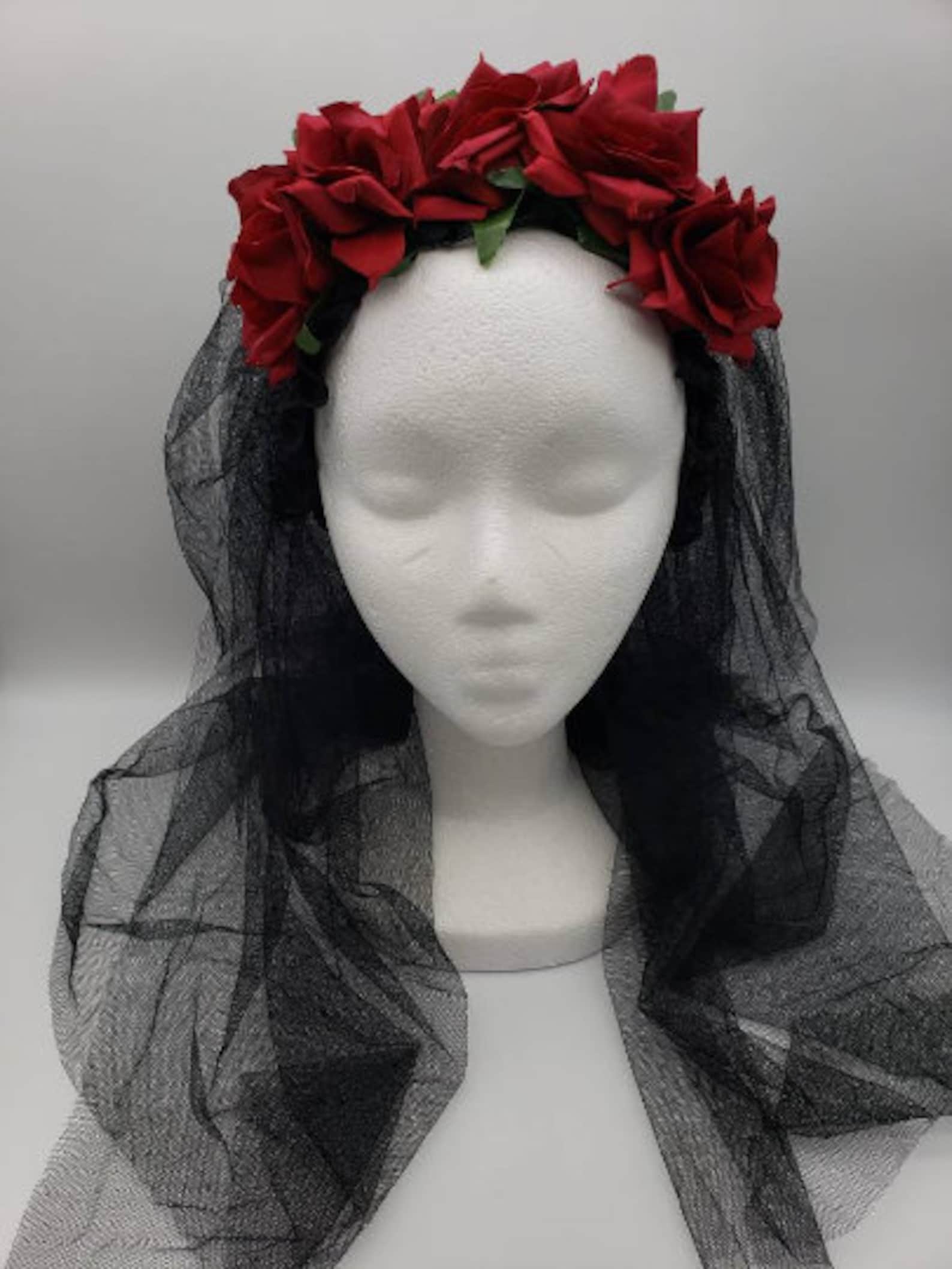 Veiled Rose Headpiece | Red Roses Black Veil | Gothic Vampire Halloween ...