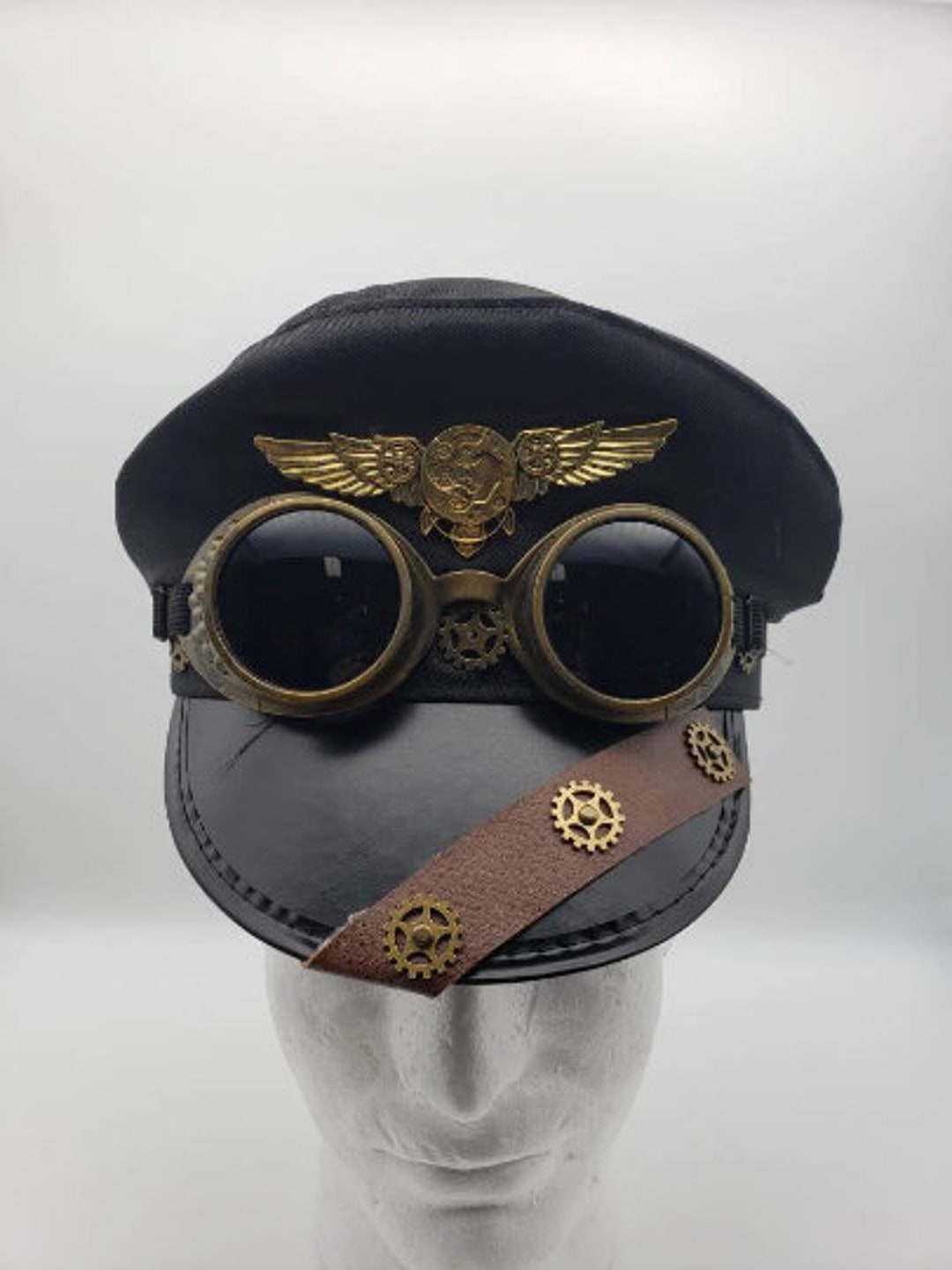 Black Steampunk Police Hat | Gold Aviator Trim Goggles Gears | Diesel ...