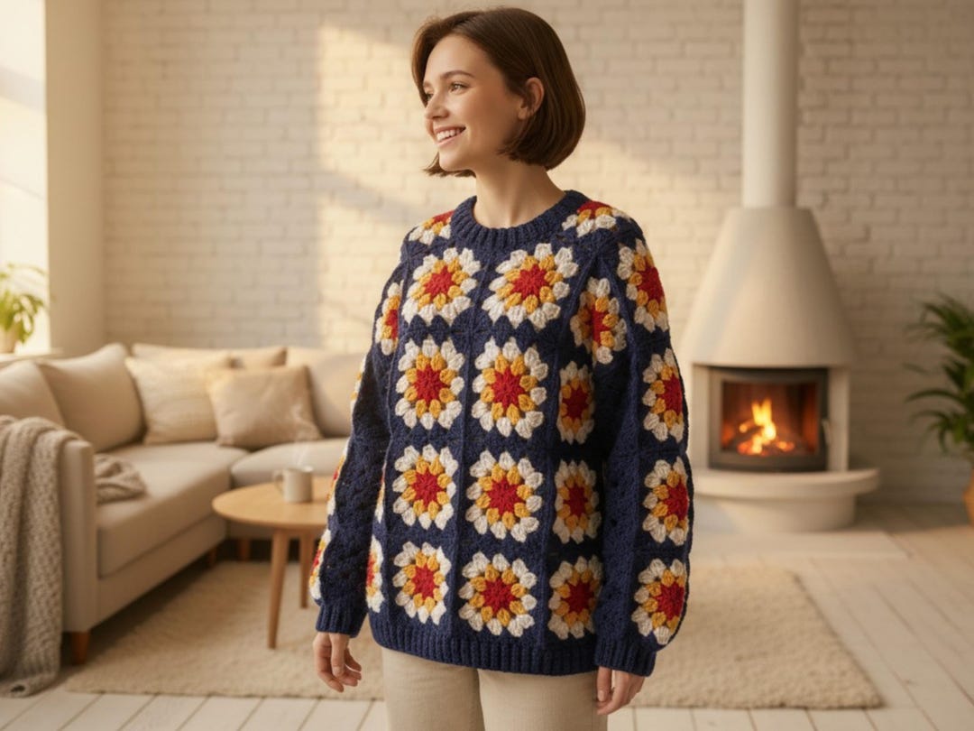 Cozy Square Crochet Sweater Pattern PDF & VİDEO, Handmade Floral Motif ...