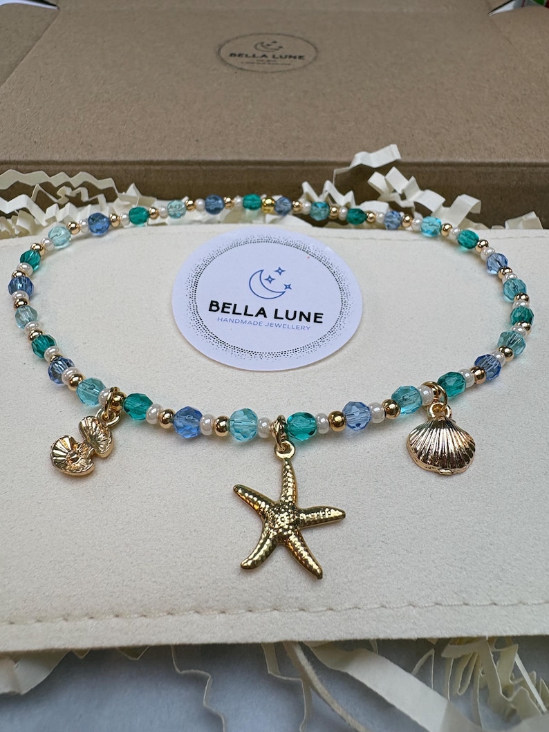 Turquoise Blue Beaded Charm Anklet | Gold Starfish and Sea Shell Charms ...