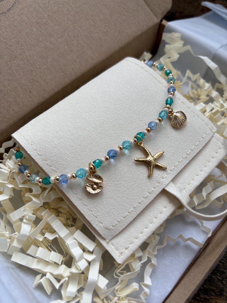 Turquoise Blue Beaded Charm Anklet | Gold Starfish and Sea Shell Charms ...
