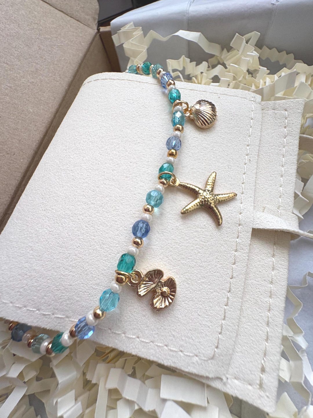 Turquoise Blue Beaded Charm Anklet | Gold Starfish and Sea Shell Charms ...