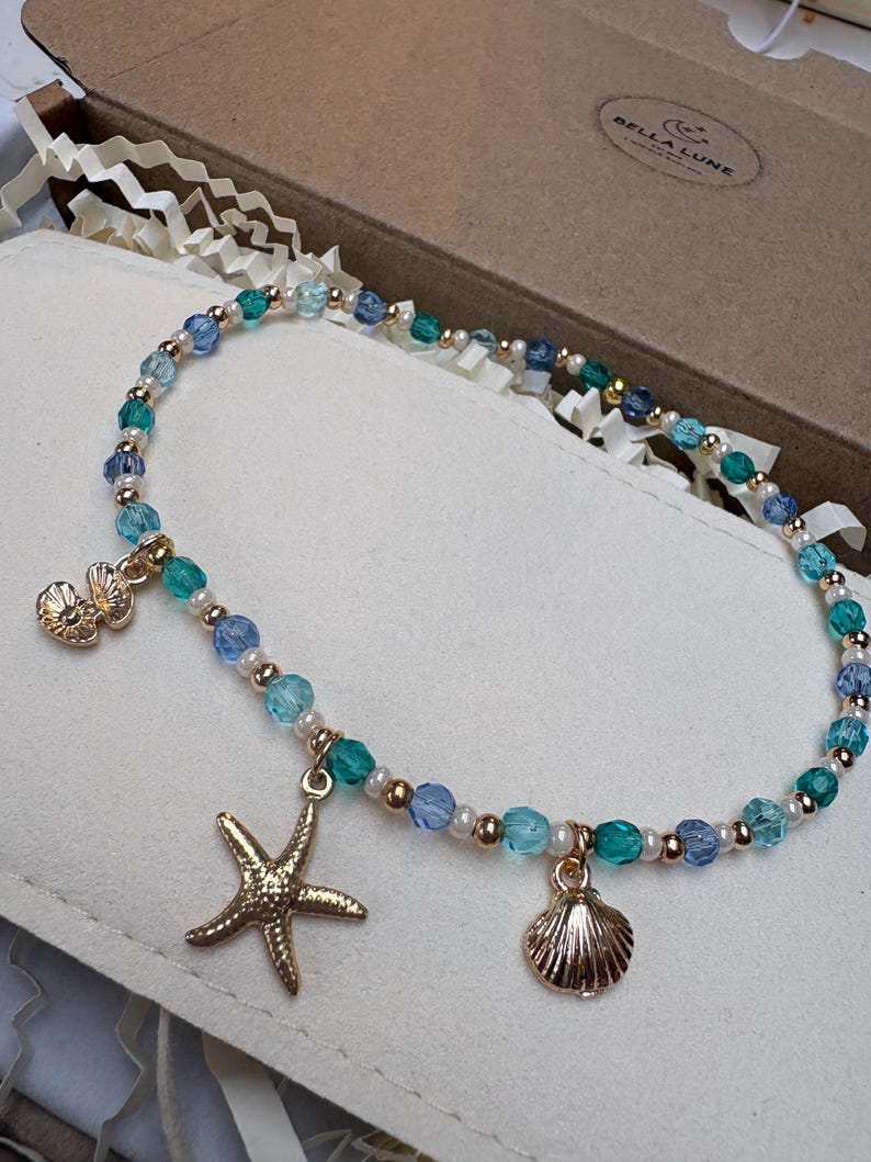 Turquoise Blue Beaded Charm Anklet | Gold Starfish and Sea Shell Charms ...