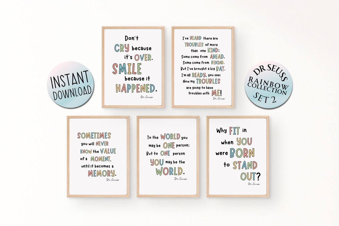 Dr Seuss, Book Quotes Rainbow Collection SET 2- 5 Digital Prints ...