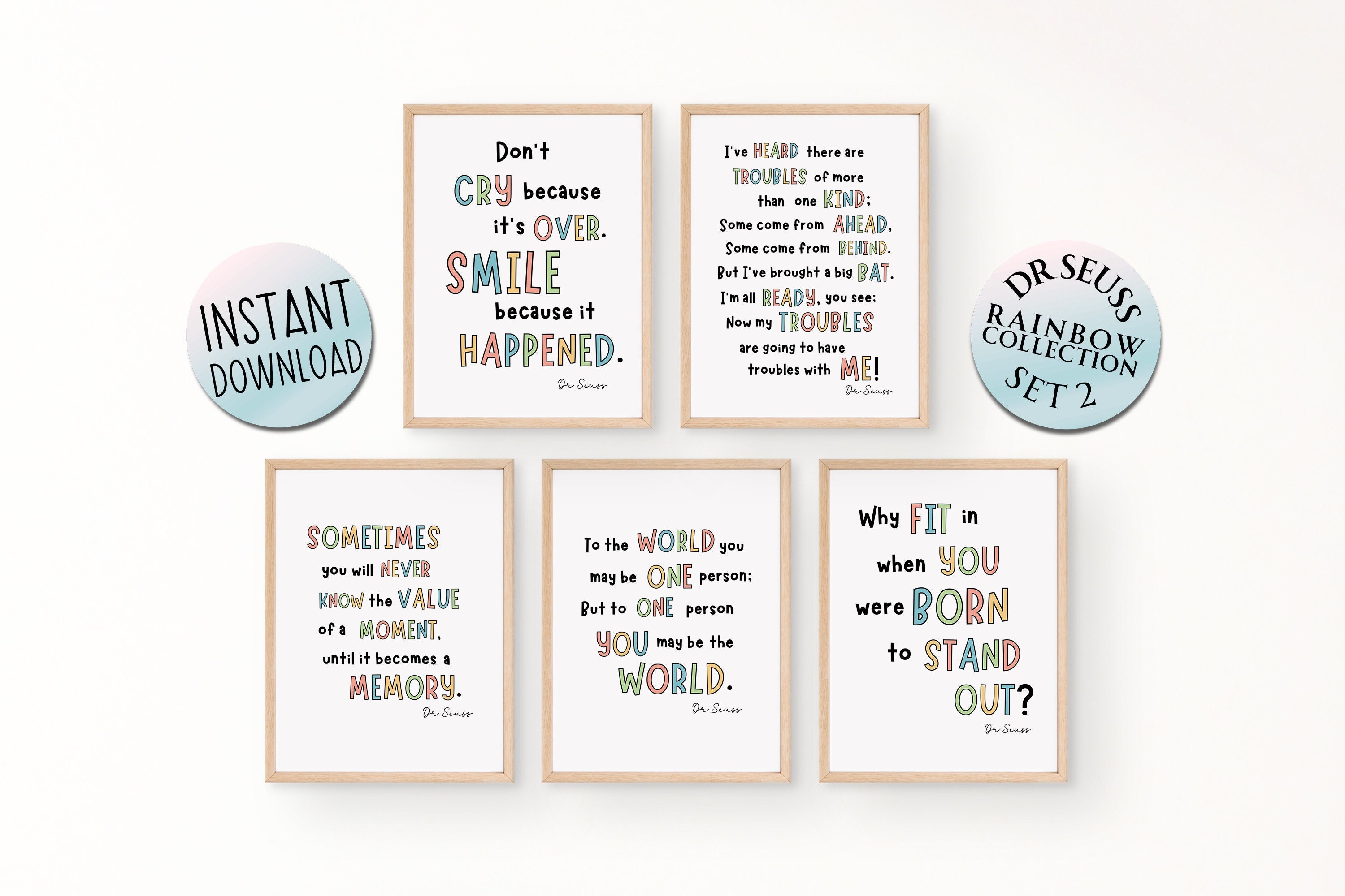 Dr Seuss, Book Quotes Rainbow Collection SET 2- 5 Digital Prints ...