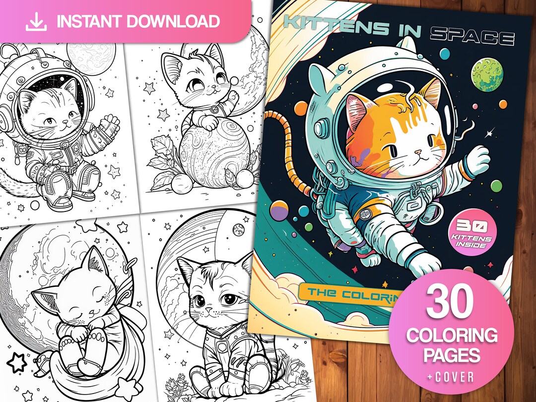 Kittens in Space Coloring Book for Cute and Easy Coloring Fun Space ...