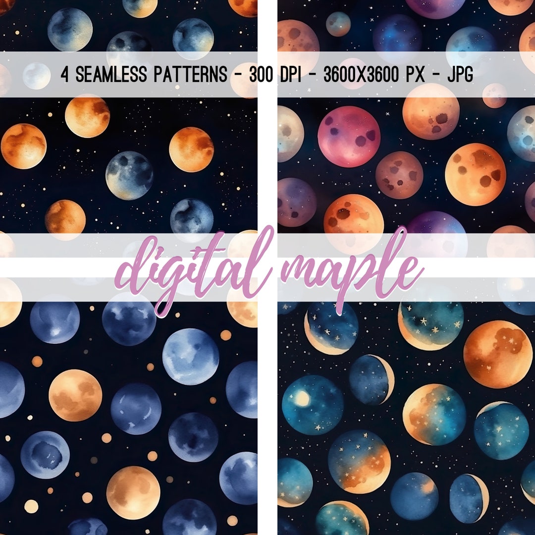 Seamless Black Background Planets Moon and Galaxy Patterns - Etsy