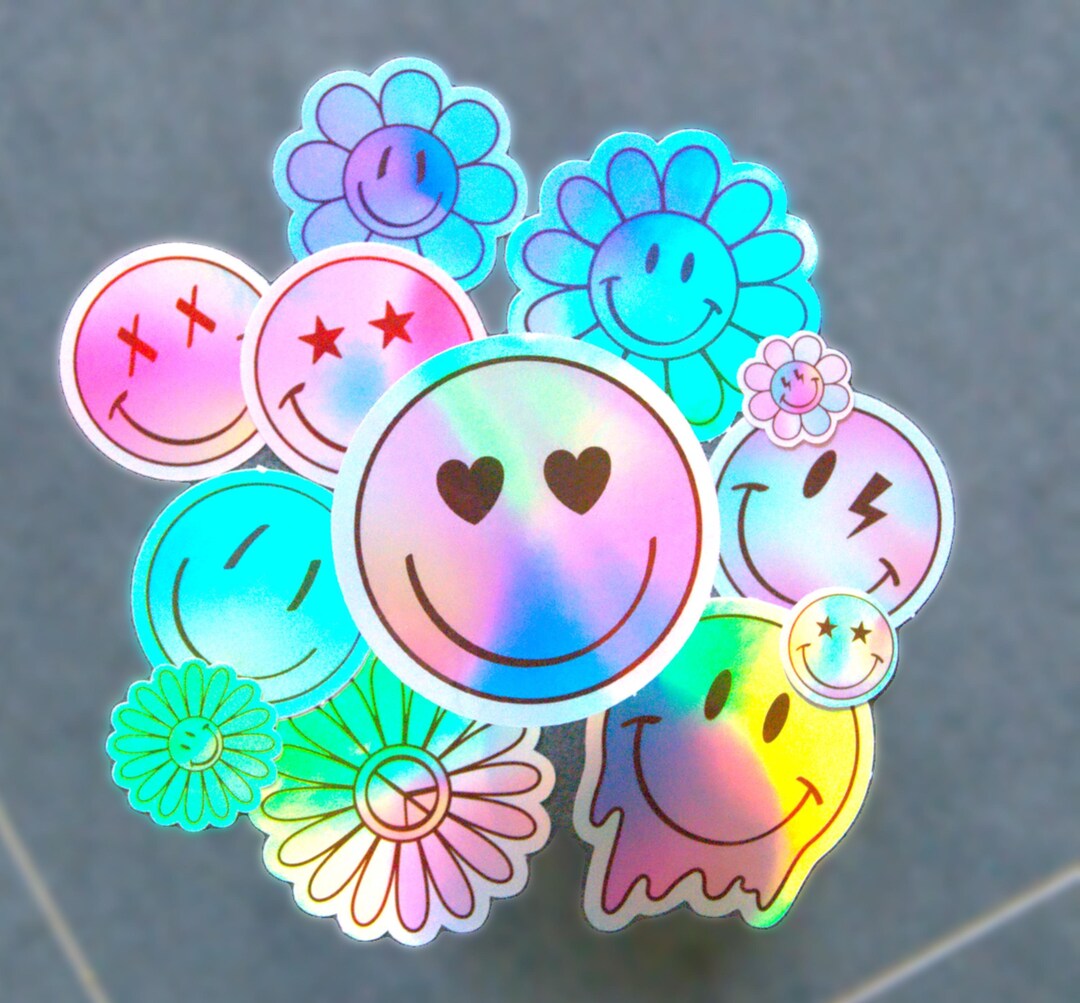 13 Smile Holographic Face Positive Stickers Shiny - Good Mood Smiley ...