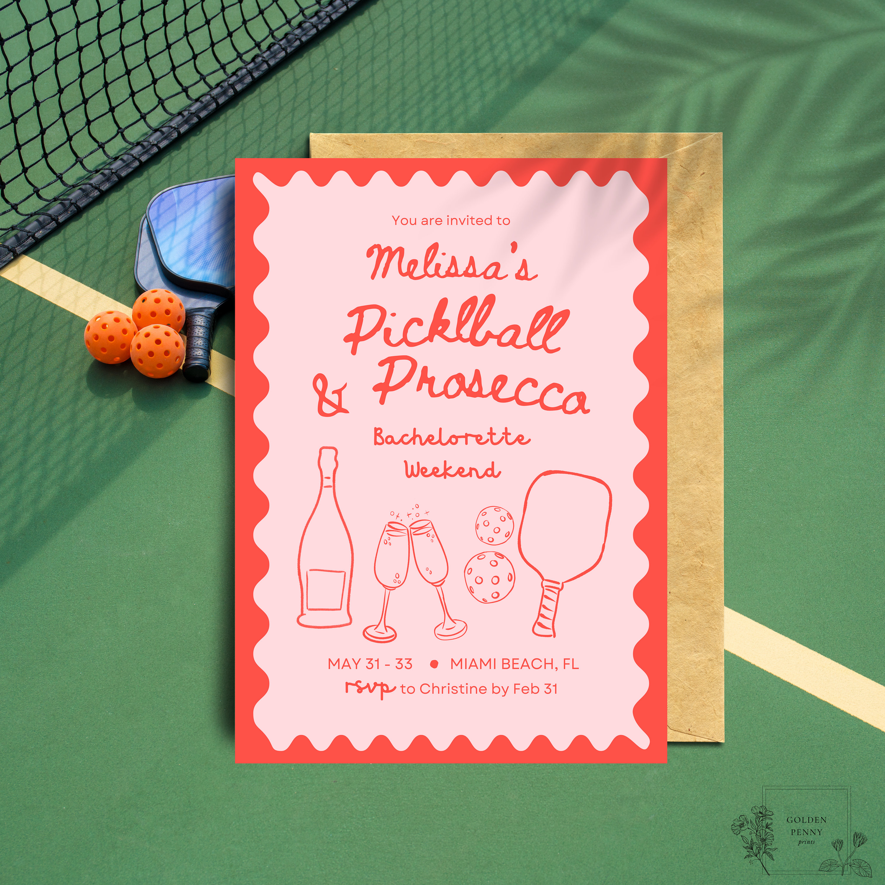 Pickleball and Prosecco Bachelorette Party Invite | Hand Drawn ...