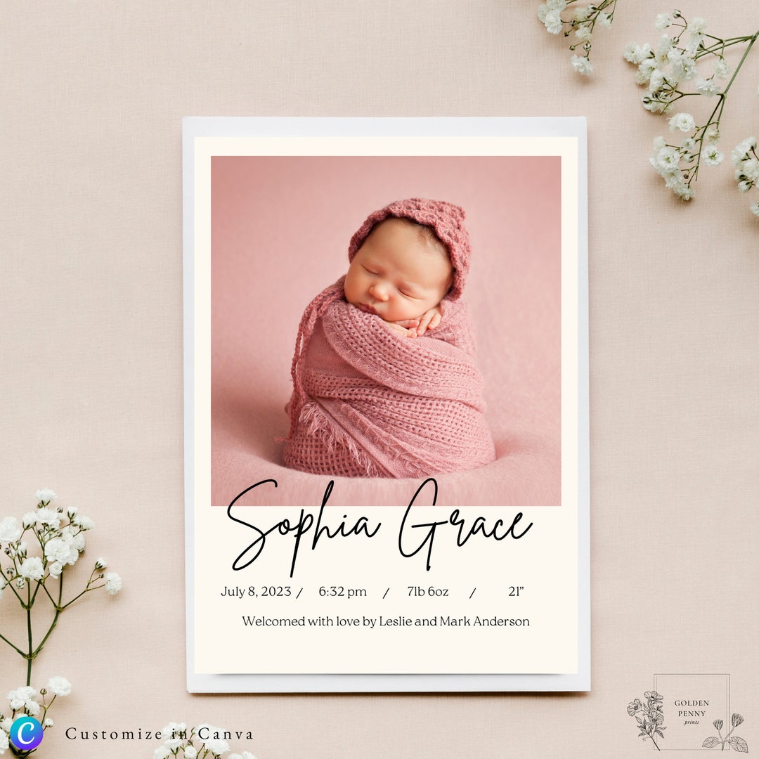Birth Announcement Card Template, Newborn Baby Card, Minimalist Baby ...