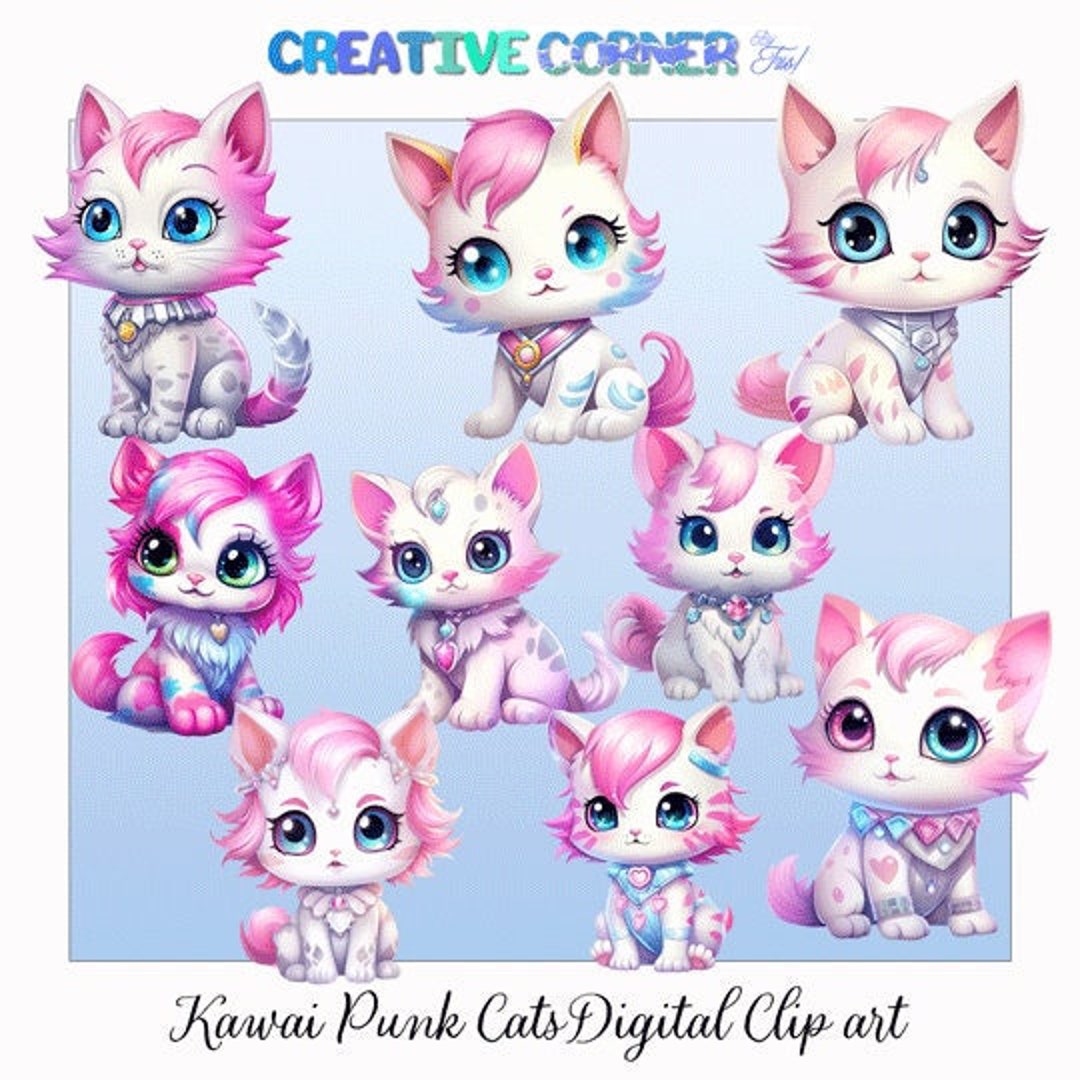 Digital Download Clip Art of Kawai Punk Cats. 9 Adorable Cat Clip Art ...