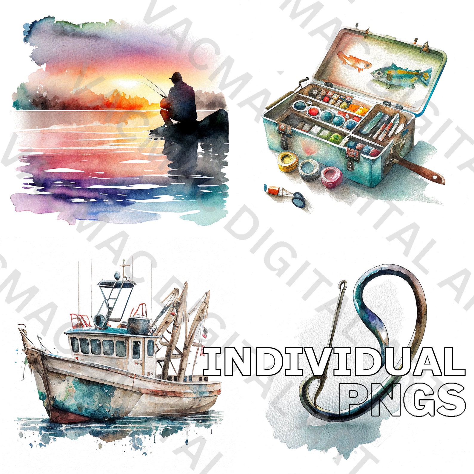 Fishing Watercolor Clipart 25 PNG Images, Digital Download, 300 DPI ...