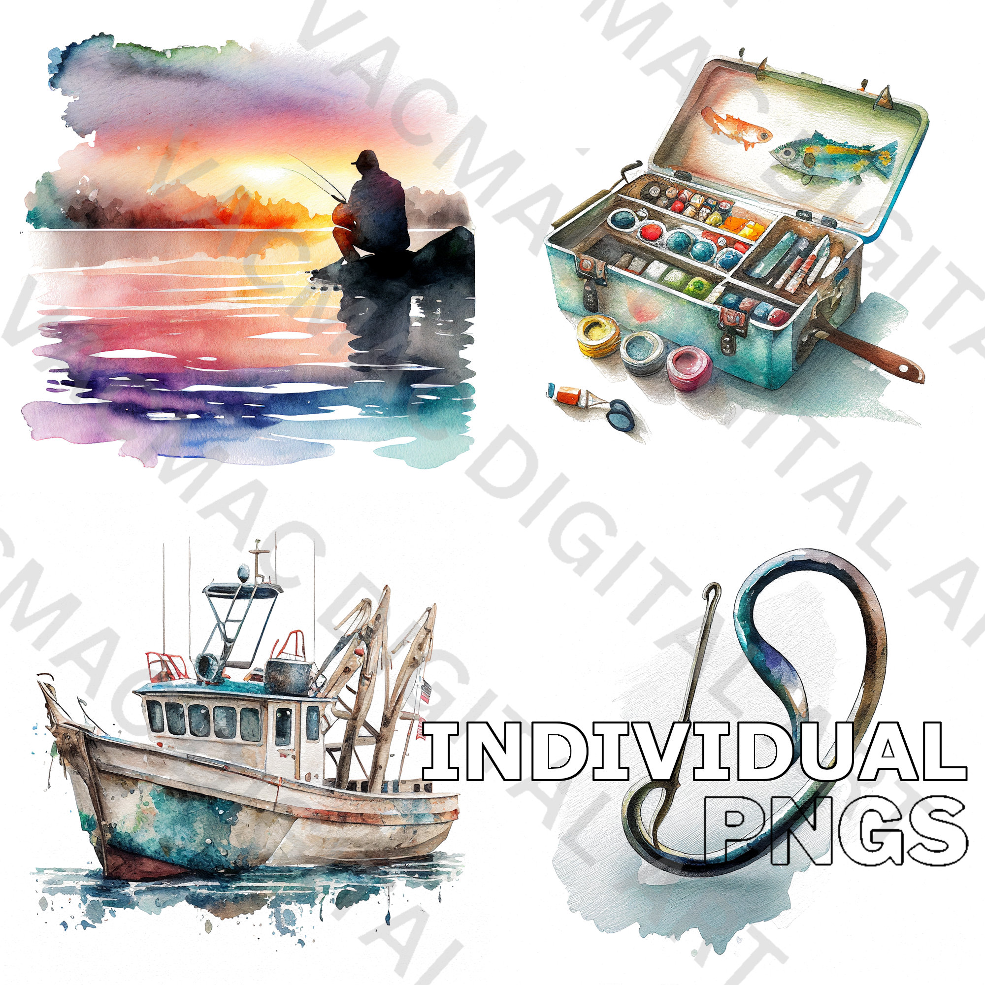 Fishing Watercolor Clipart 25 PNG Images, Digital Download, 300 DPI ...