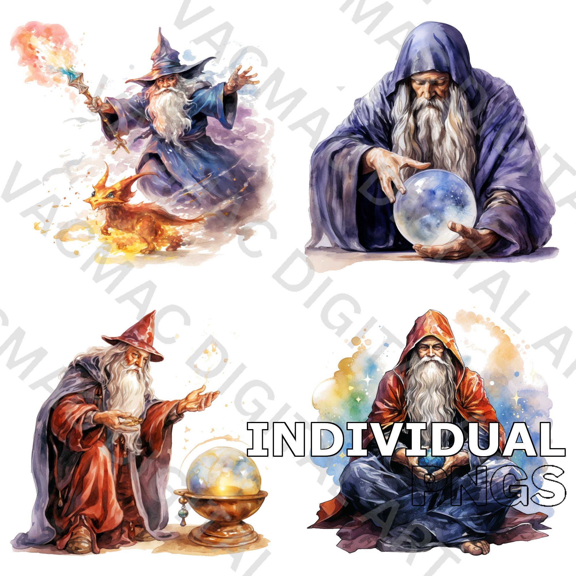 Fantasy Role-play Wizard Watercolor Clipart 29 PNG Images, Digital ...