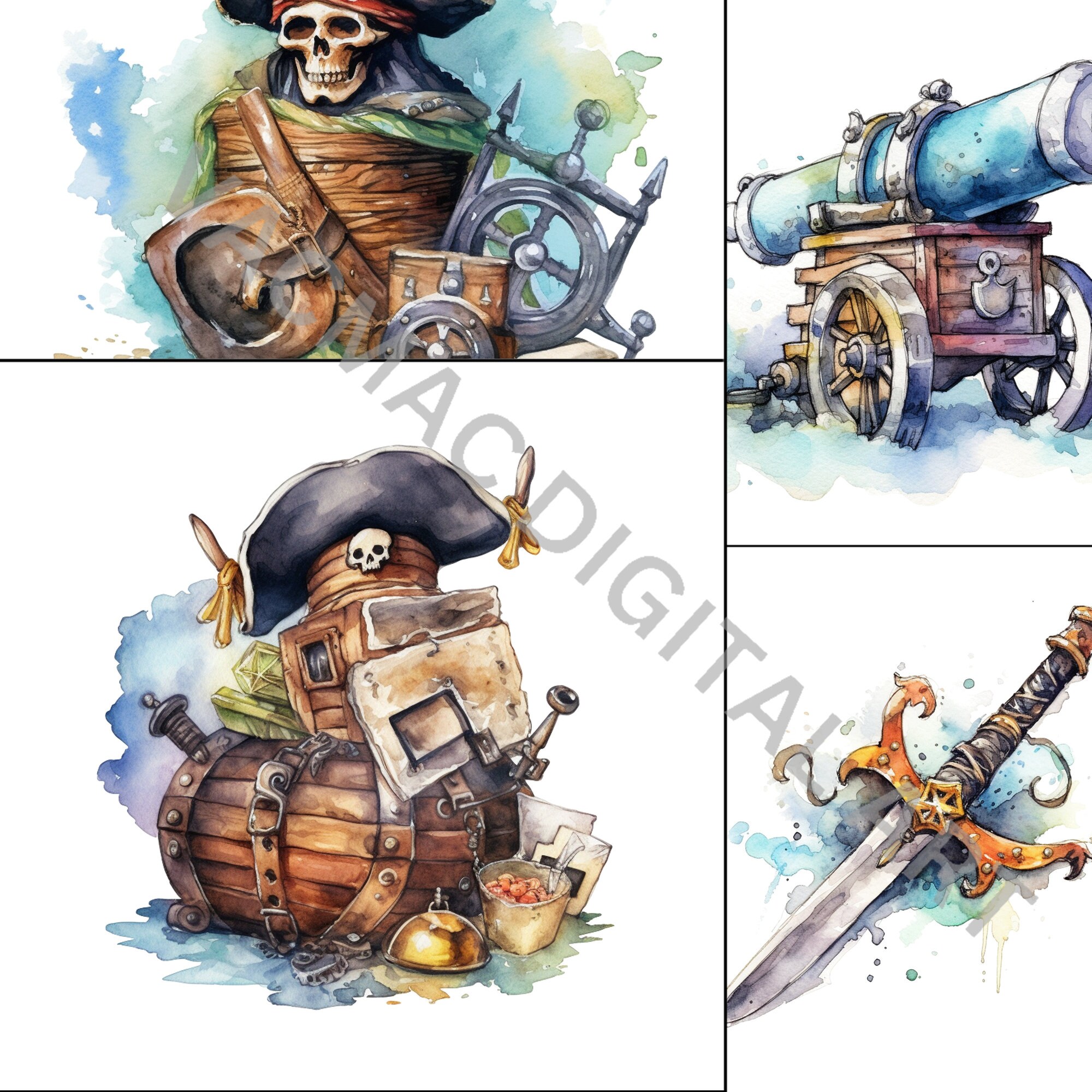 Pirate Watercolor Clipart 60 PNG Images, Digital Download, 300 DPI ...