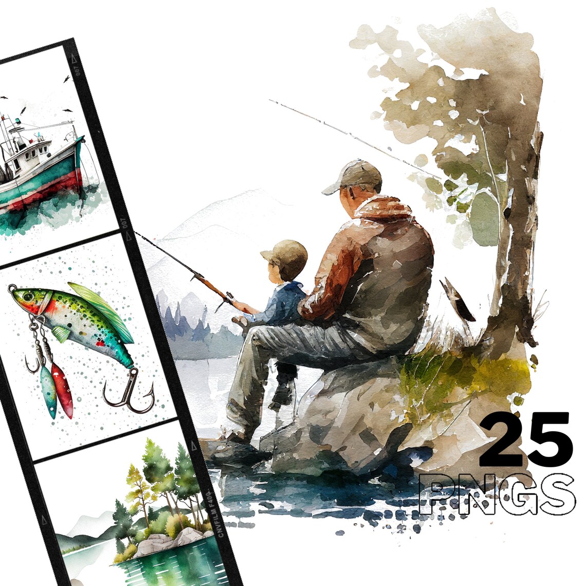 Fishing Watercolor Clipart 25 PNG Images, Digital Download, 300 DPI ...
