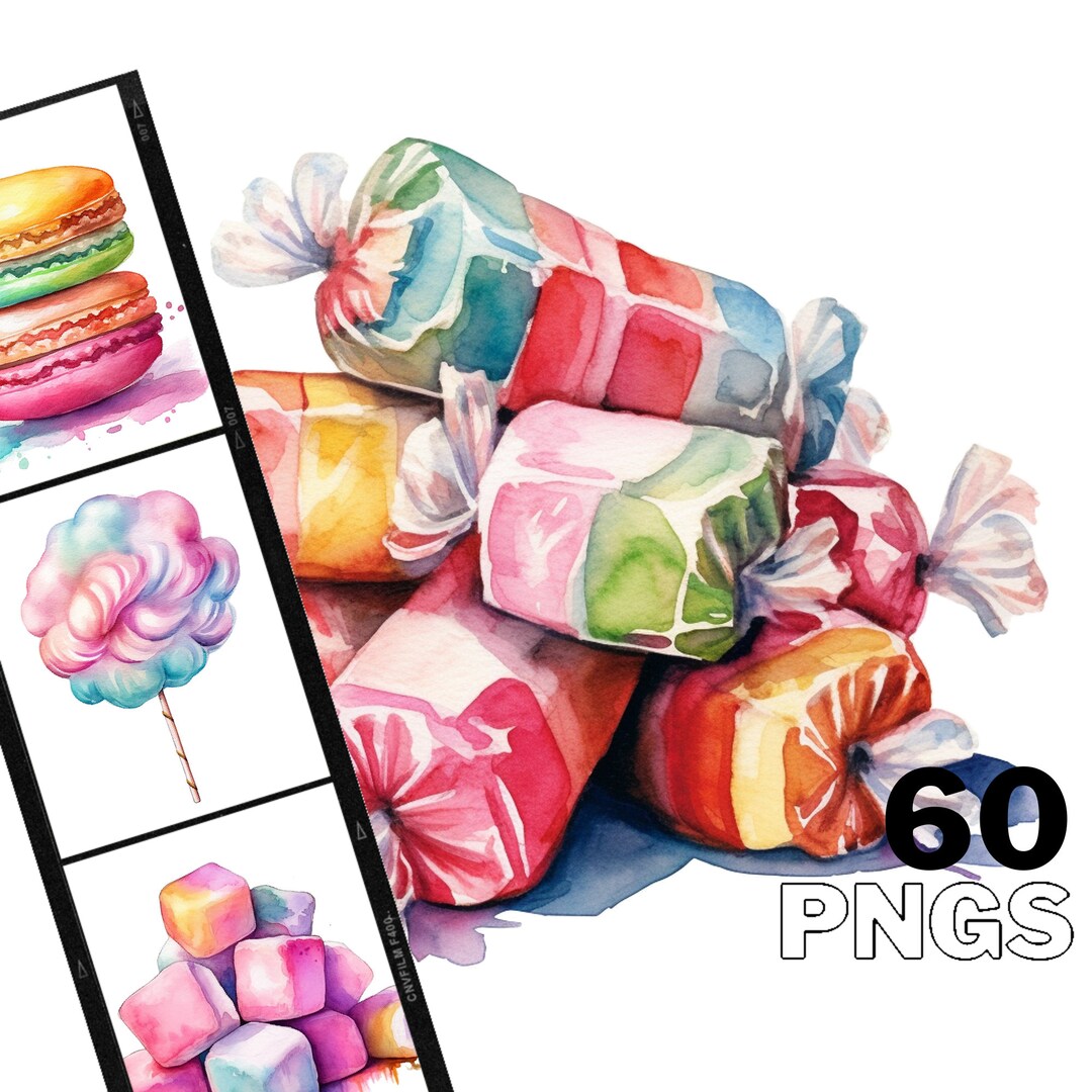 Candy Watercolor Clipart 60 PNG Images, Digital Download, 300 DPI Ideal ...