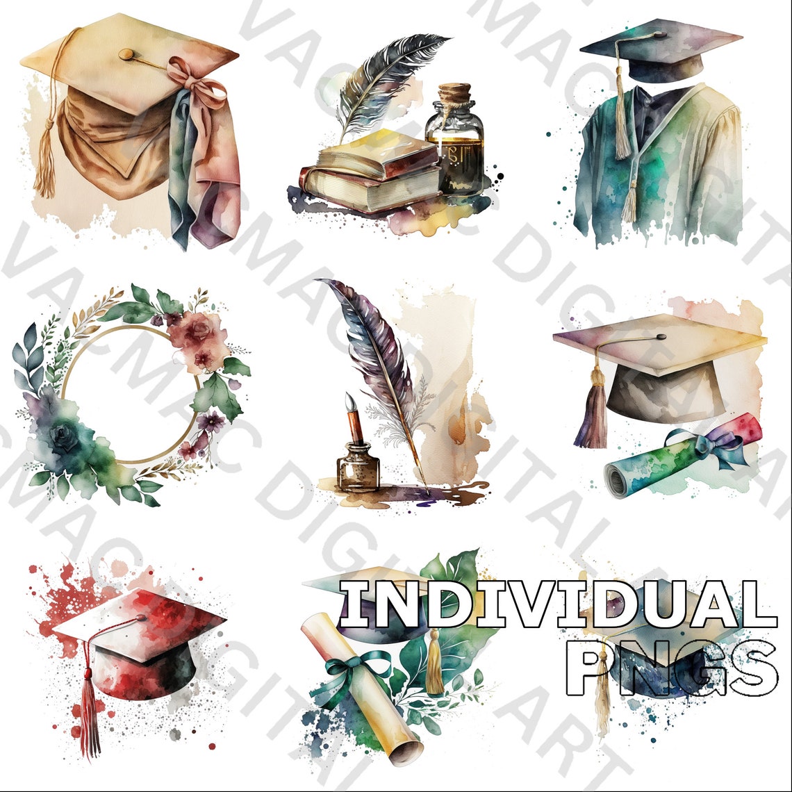 Graduation Watercolor Clipart 43 PNG Images, Digital Download, 300 DPI ...