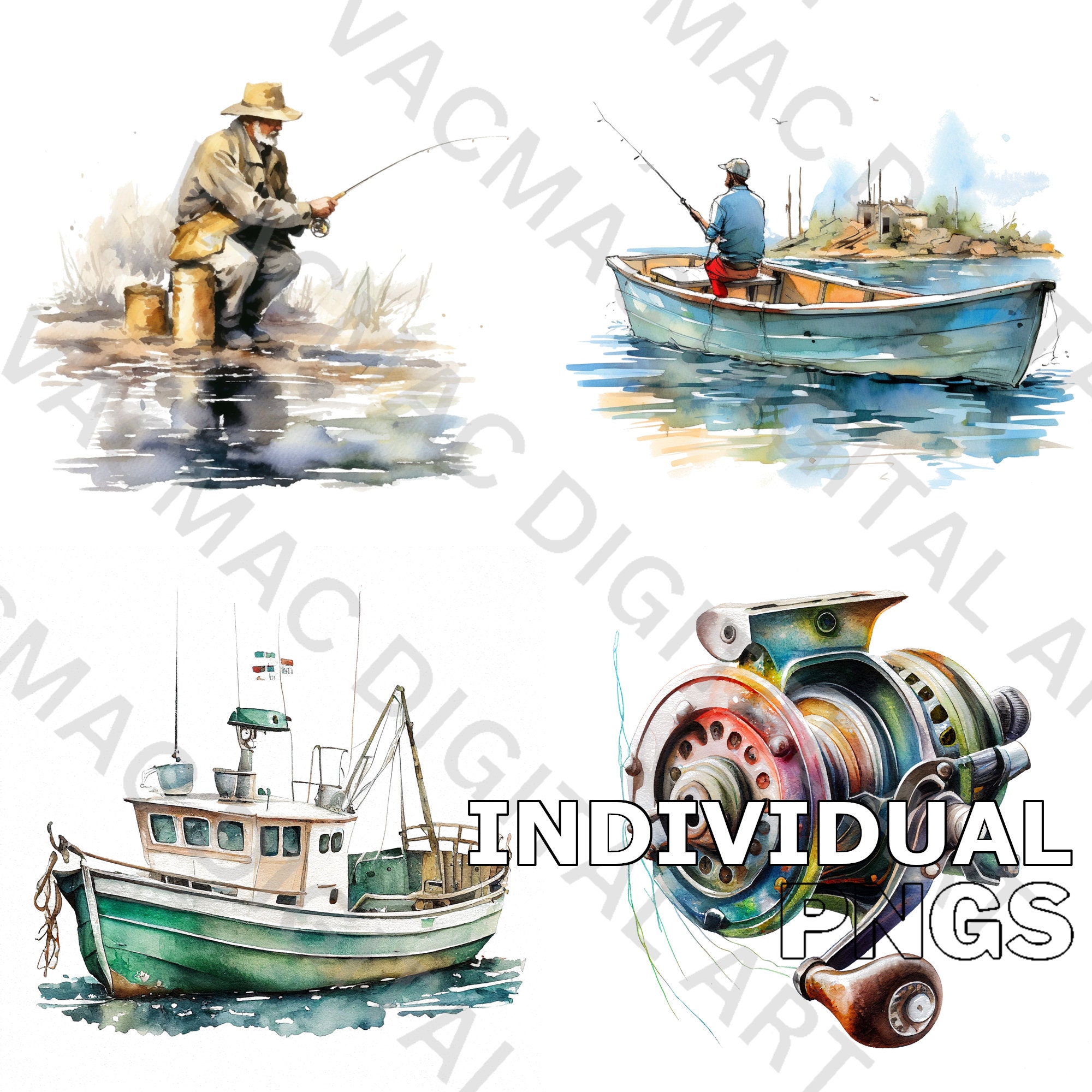 Fishing Watercolor Clipart 25 PNG Images, Digital Download, 300 DPI ...