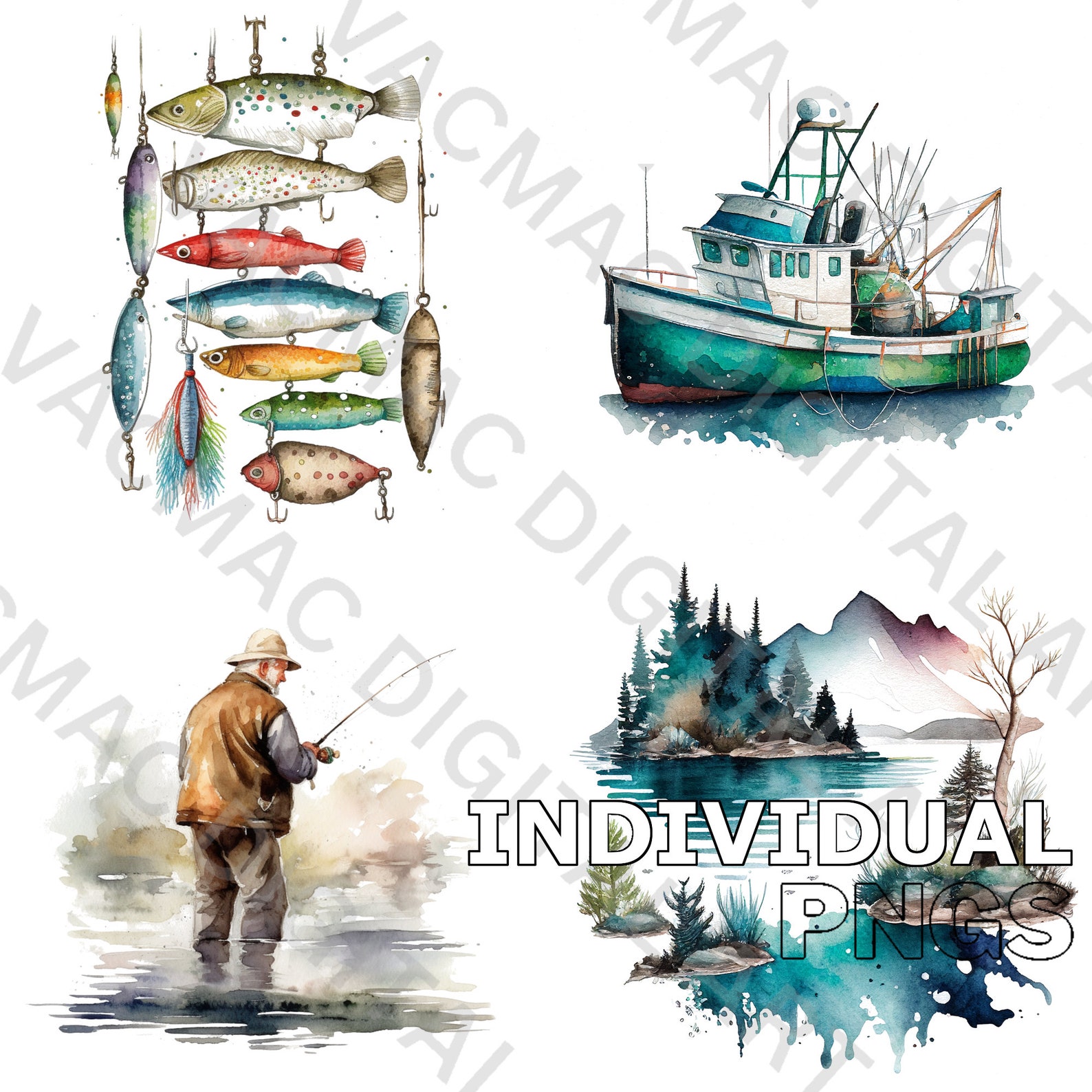 Fishing Watercolor Clipart 25 PNG Images, Digital Download, 300 DPI ...