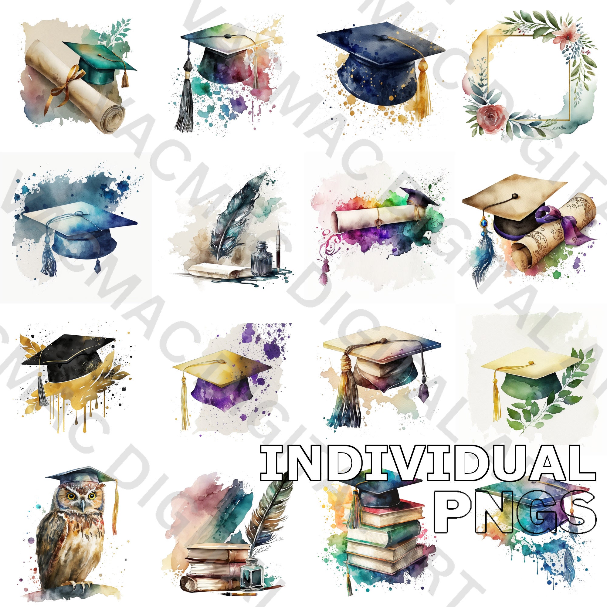 Graduation Watercolor Clipart 43 PNG Images, Digital Download, 300 DPI ...