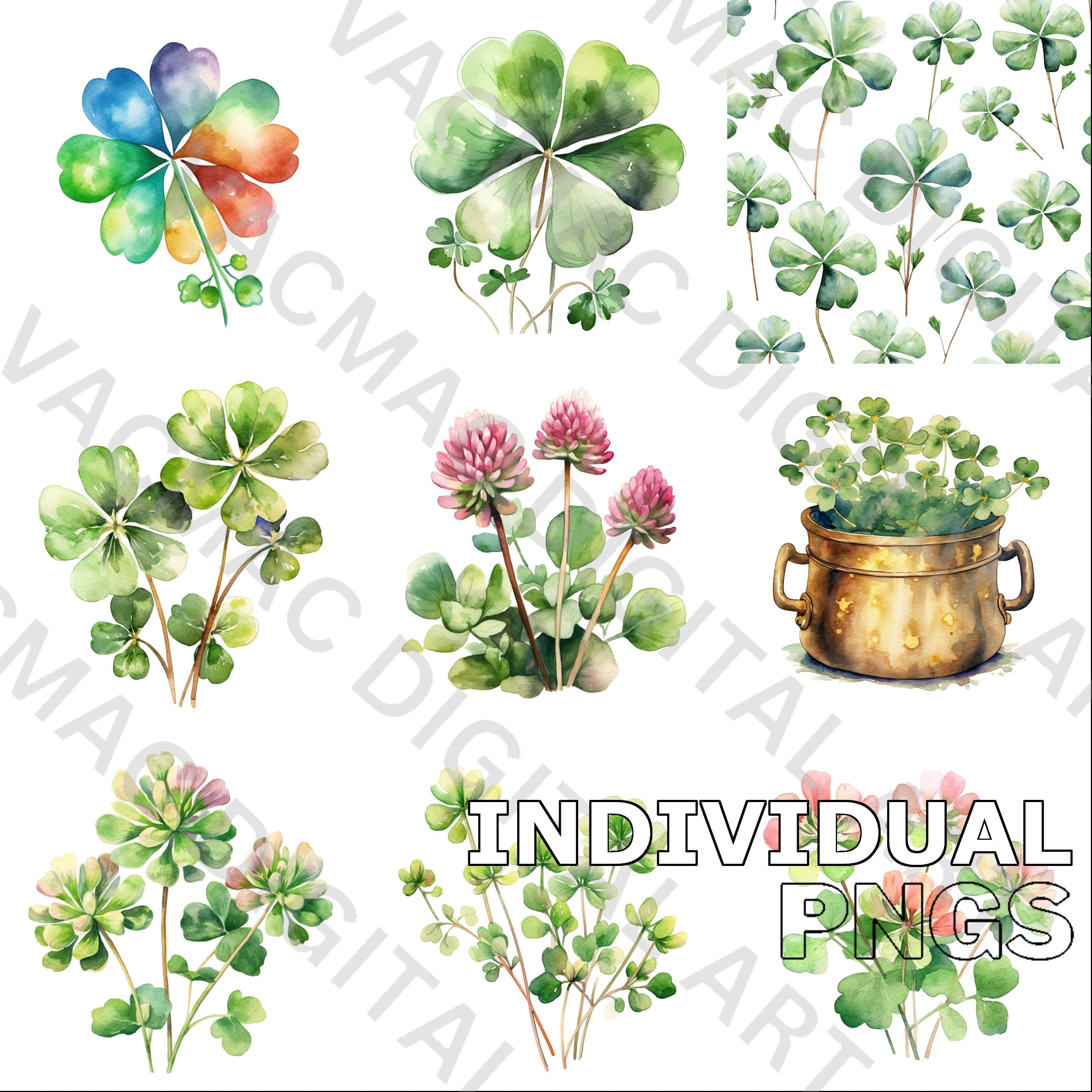 Clover Watercolor Clipart 72 PNG Images, Digital Download, 300 DPI ...