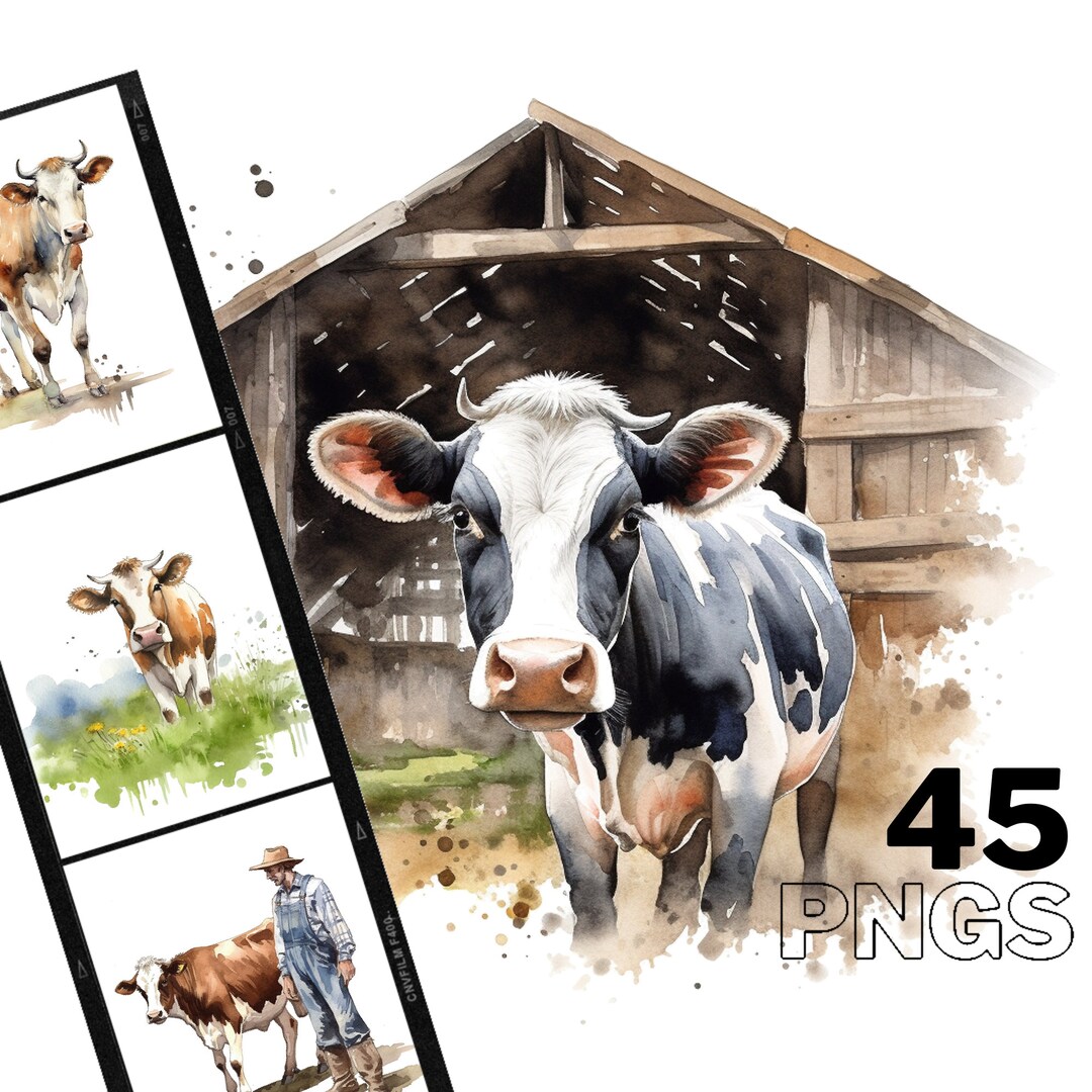 Cow Watercolor Clipart 45 PNG Images, Digital Download, 300 DPI Ideal ...