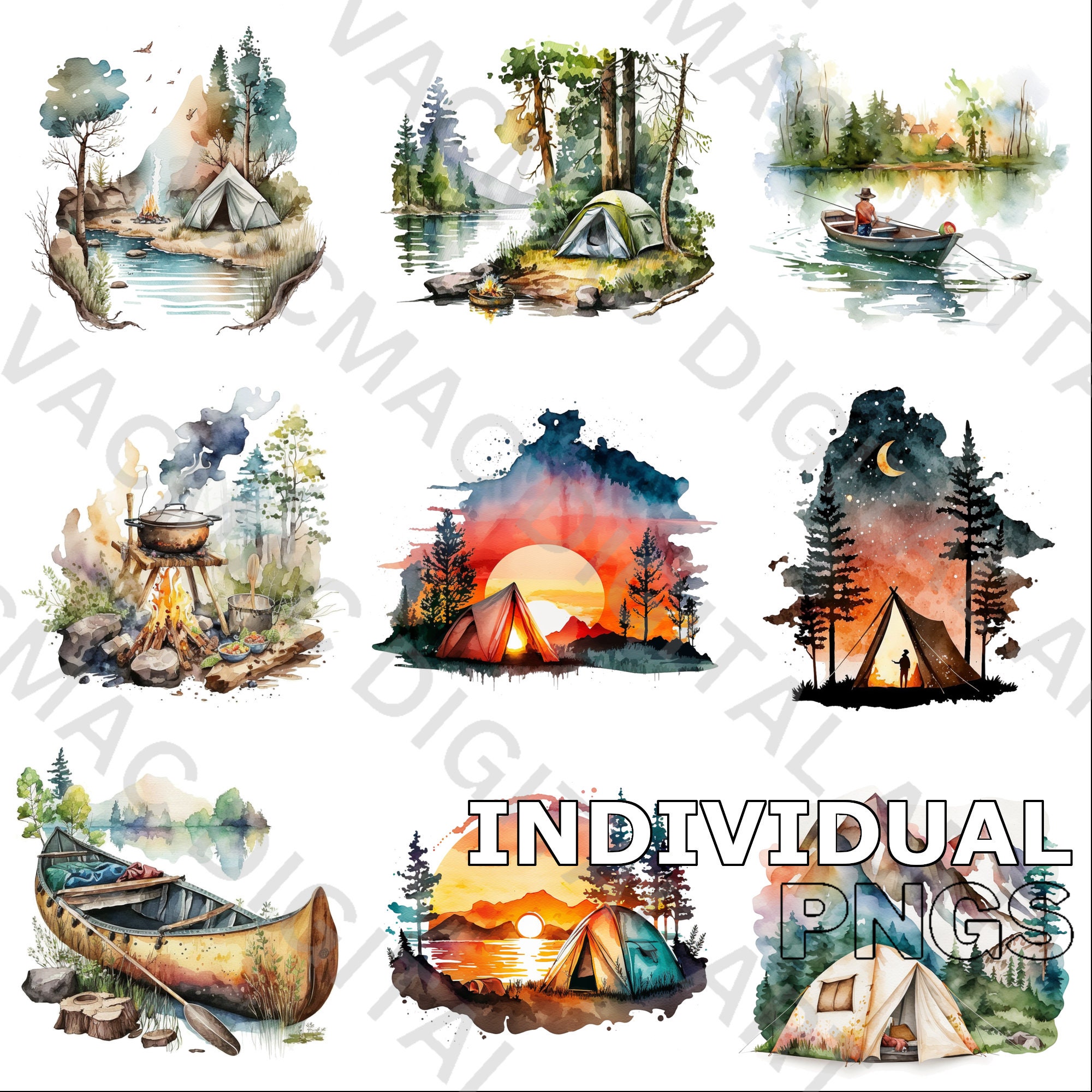 Camping Watercolor Clipart 66 PNG Images, Digital Download, 300 DPI ...