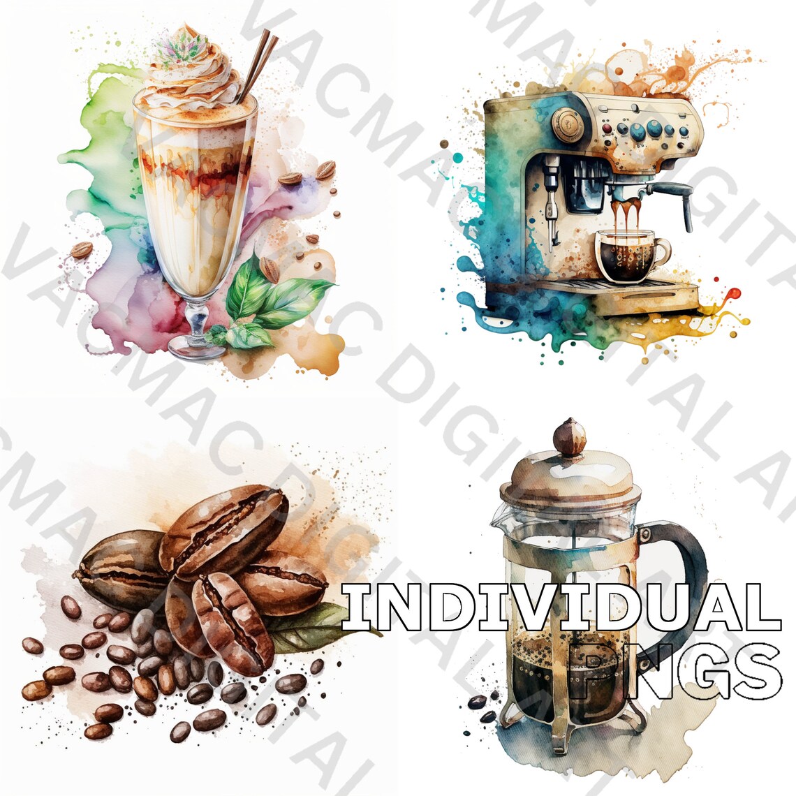 Coffee Watercolor Clipart Set 85 PNG Images, Digital Download, 300 DPI ...