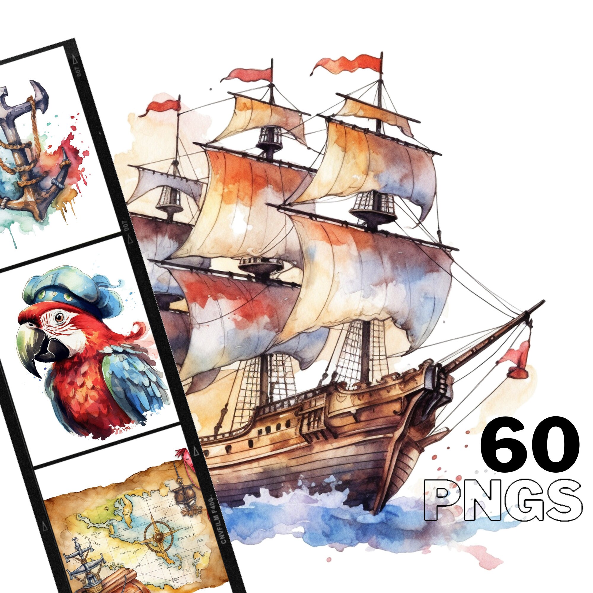Pirate Watercolor Clipart 60 PNG Images, Digital Download, 300 DPI ...