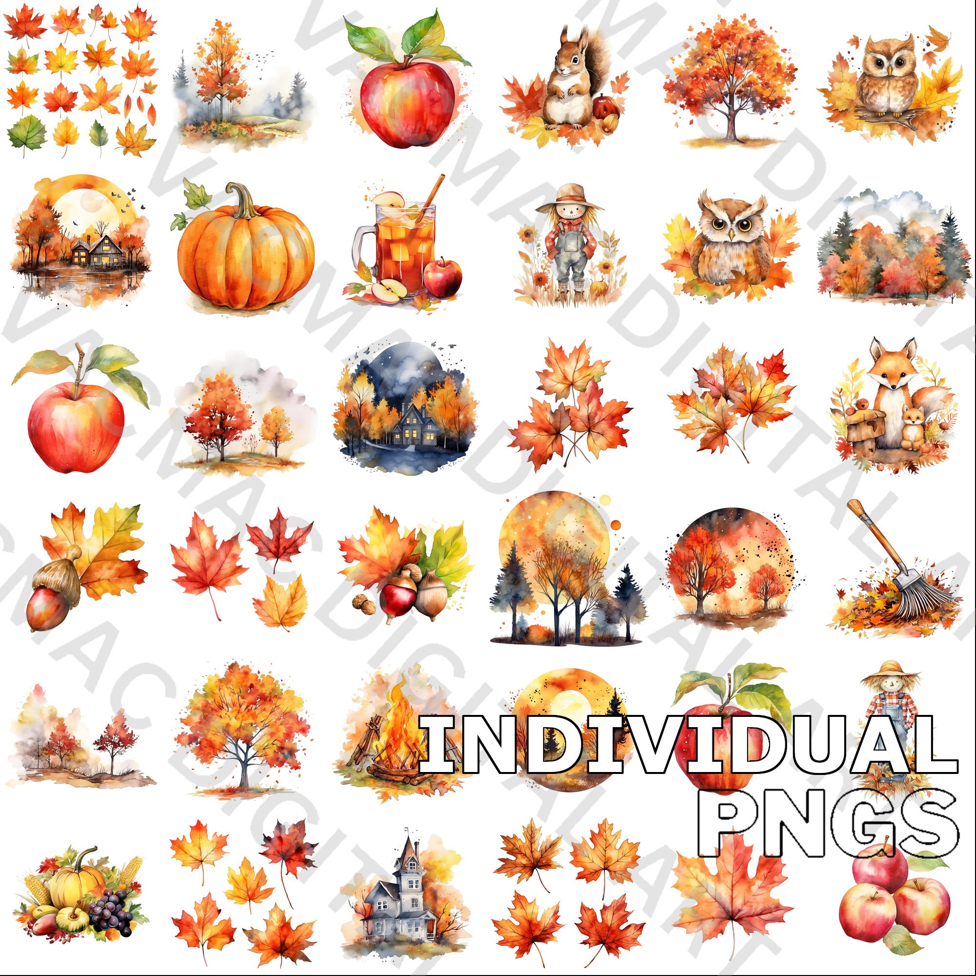 Autumn Watercolor Clipart 90 PNG Images, Digital Download, 300 DPI ...