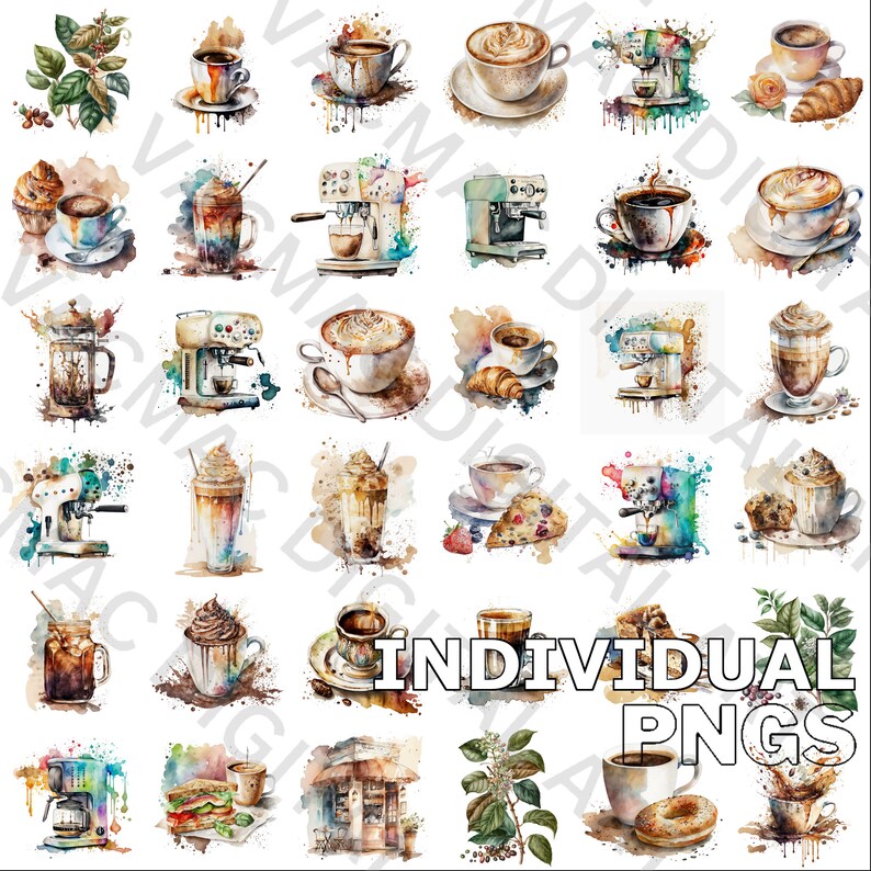 Coffee Watercolor Clipart Set 85 PNG Images, Digital Download, 300 DPI ...