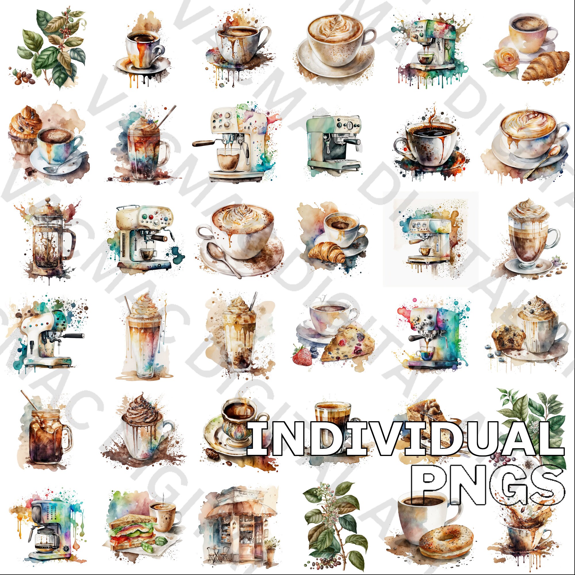 Coffee Watercolor Clipart Set 85 PNG Images, Digital Download, 300 DPI ...