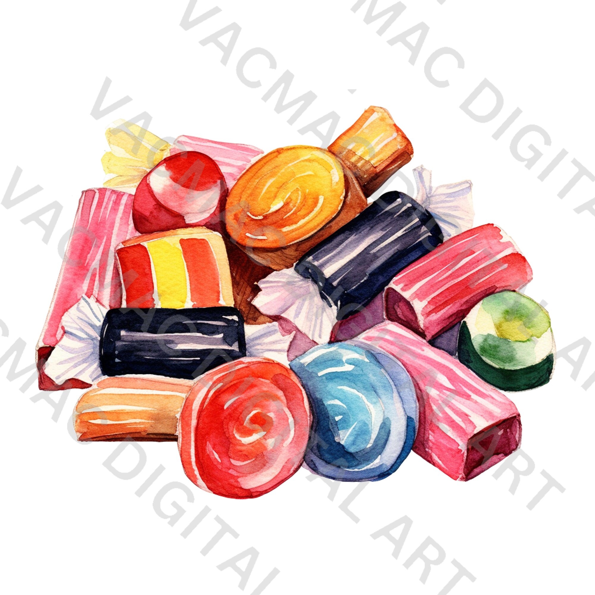 Candy Watercolor Clipart 60 PNG Images, Digital Download, 300 DPI Ideal ...