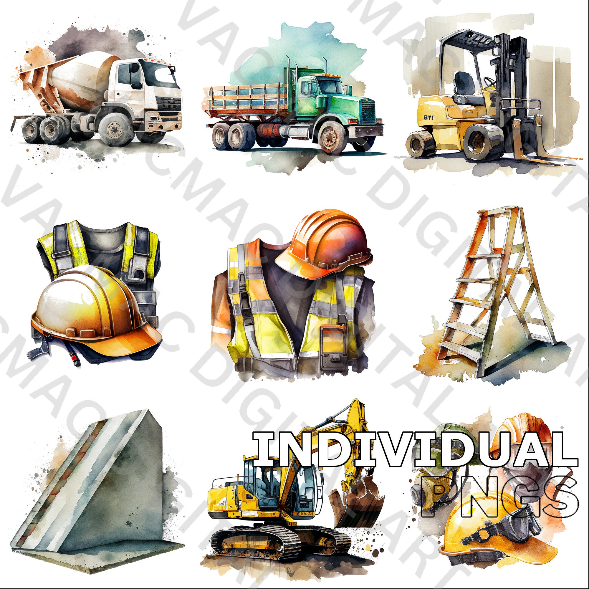 Construction Watercolor Clipart 37 PNG Images, Digital Download, 300 ...