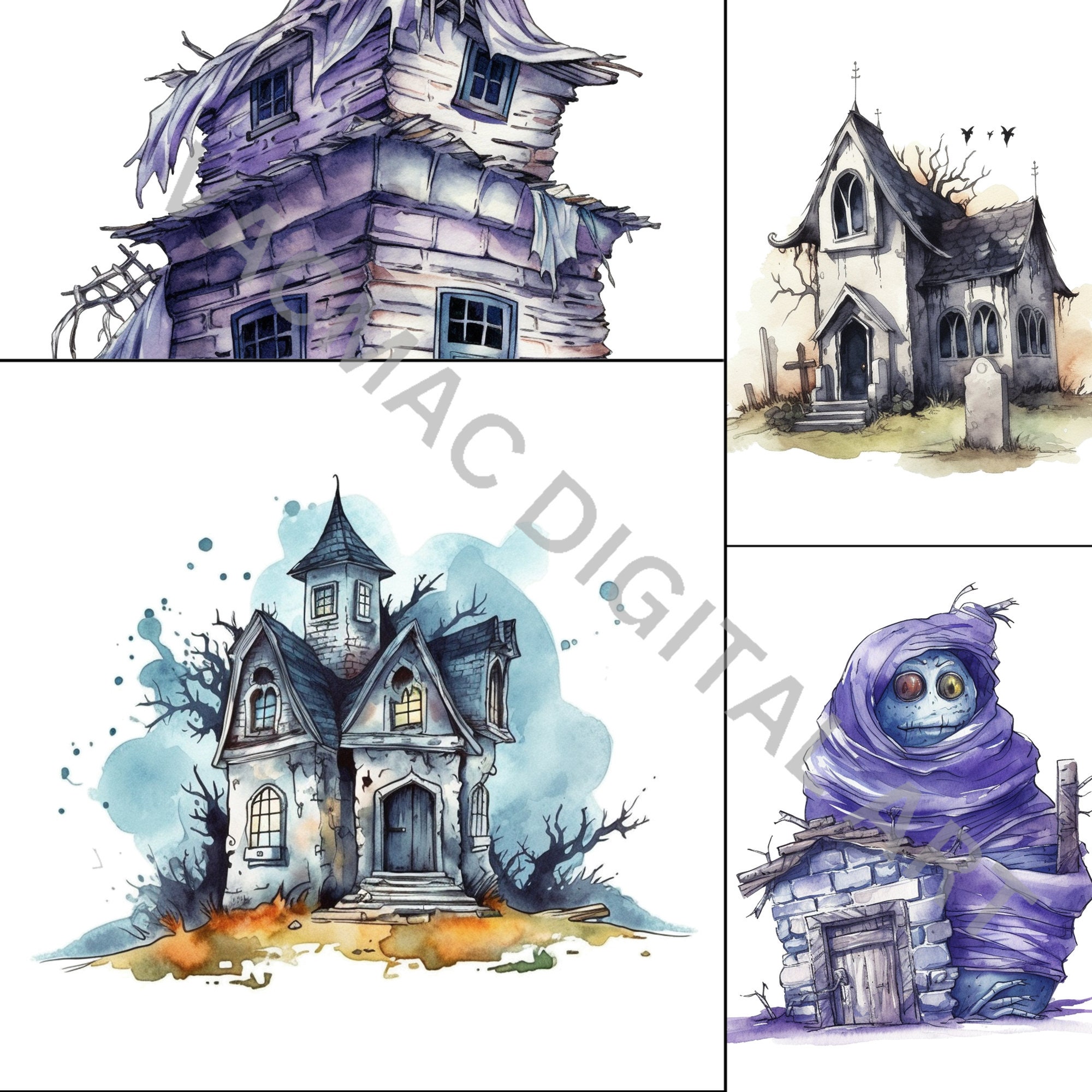 Haunted House Watercolor Clipart 62 PNG Images Digital - Etsy