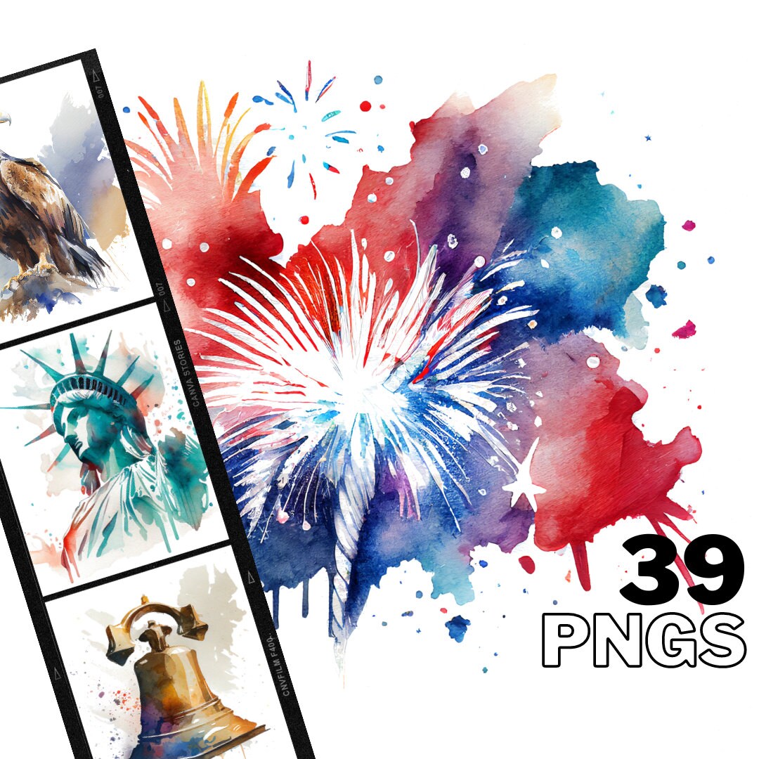 4th of July Celebration Clipart, 39 PNG Watercolor Images, 300 DPI ...