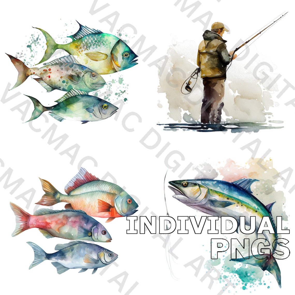 Fishing Watercolor Clipart 25 PNG Images, Digital Download, 300 DPI ...