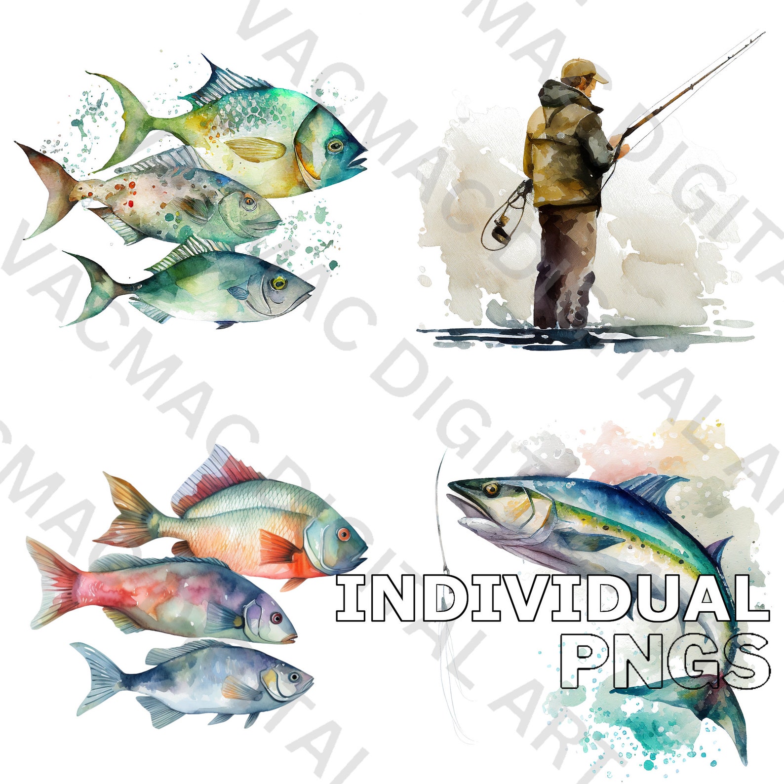 Fishing Watercolor Clipart 25 PNG Images, Digital Download, 300 DPI ...