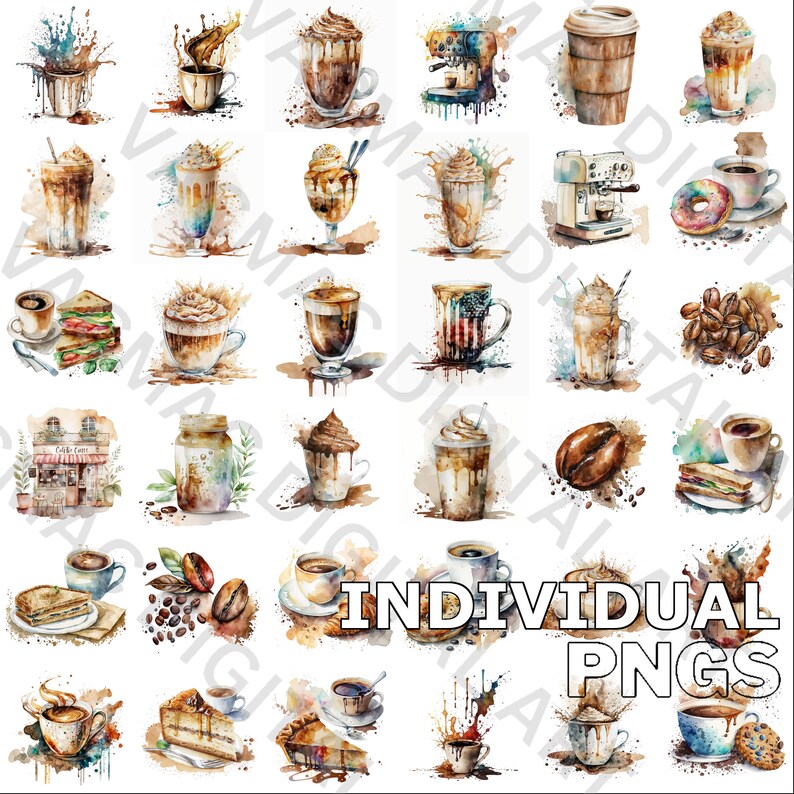 Coffee Watercolor Clipart Set 85 PNG Images, Digital Download, 300 DPI ...