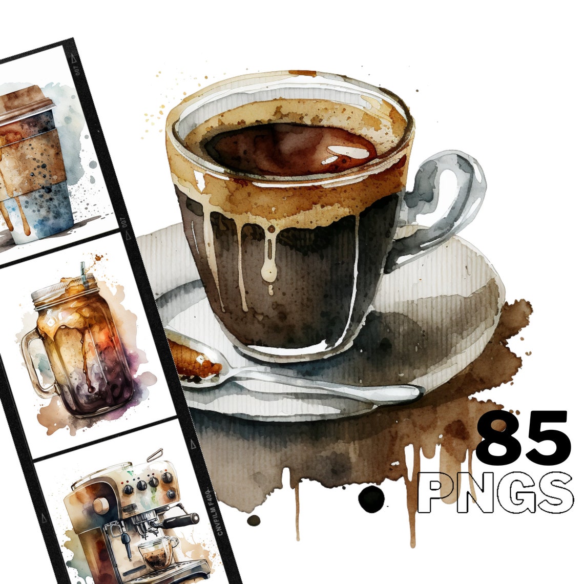 Coffee Watercolor Clipart Set 85 PNG Images, Digital Download, 300 DPI ...