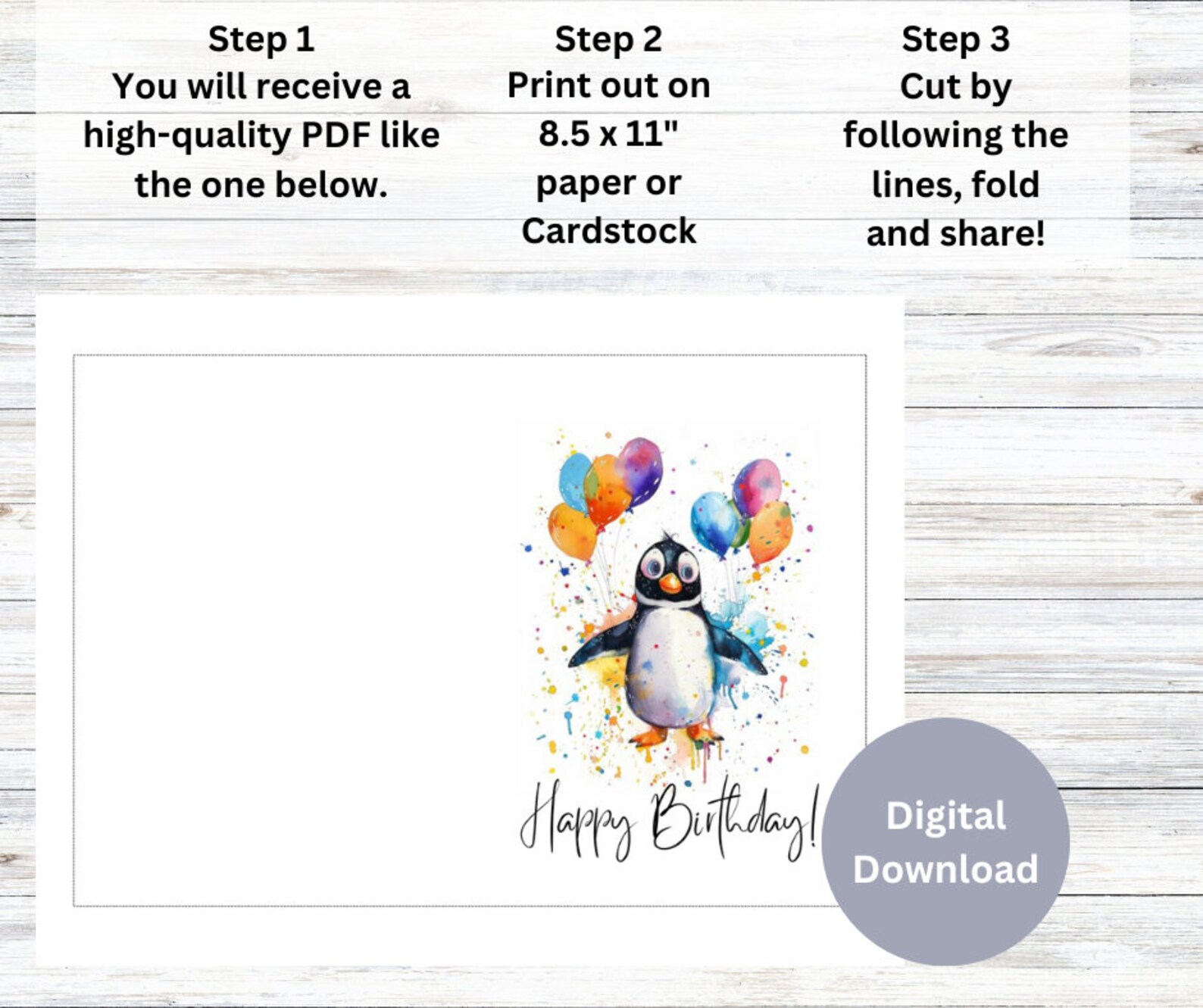 Birthday Penguin - Printable Penguin Birthday Card, 5x7” Instant ...
