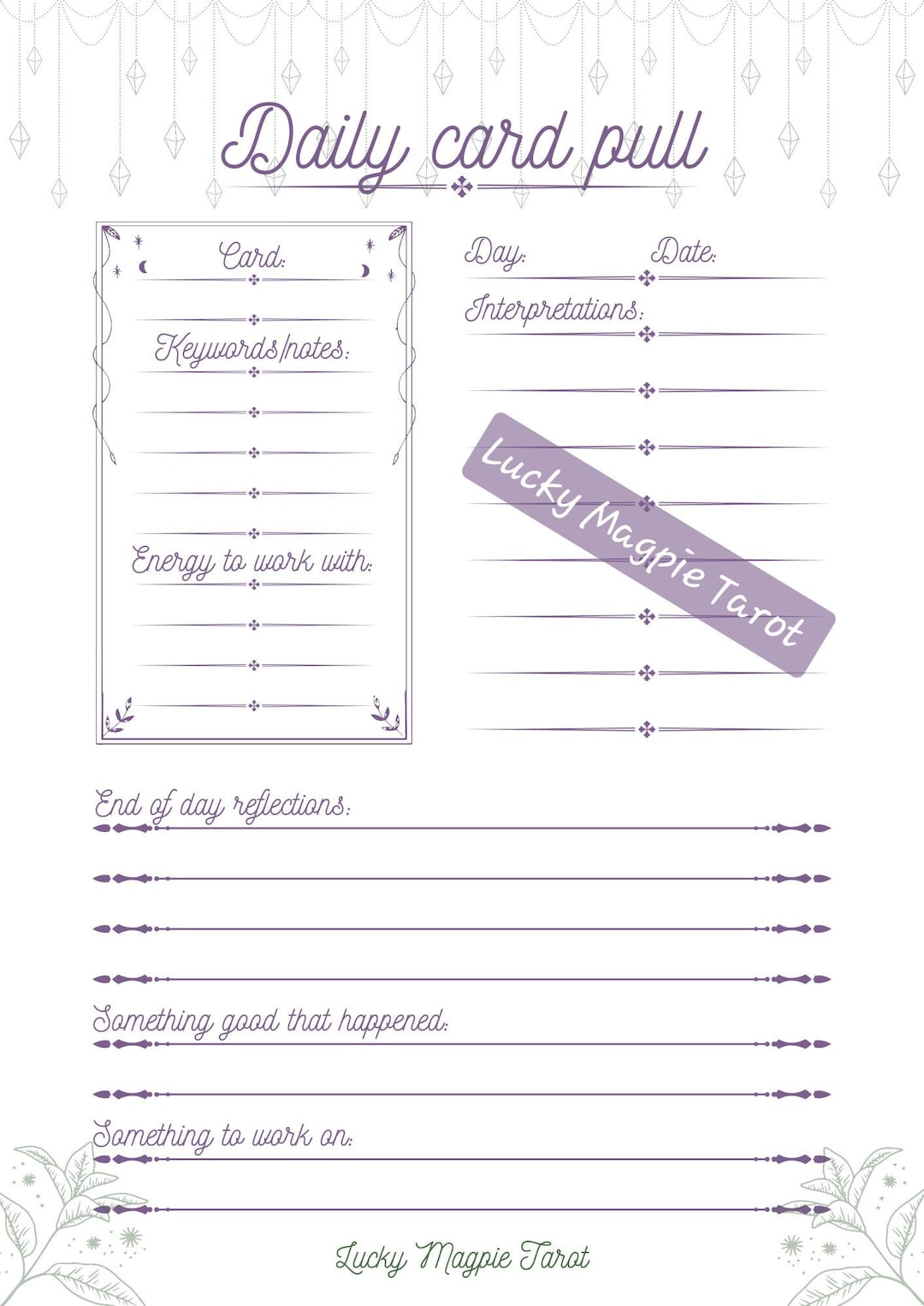 Daily Tarot Reading Journal Page, Printable PDF for Tarot and Oracle ...