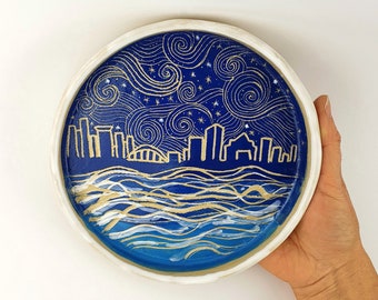 Handmade Winter City Pottery Platter • Hand Carved Round Plate ...