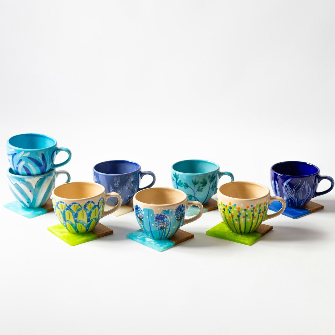 Spring Ceramic Mugs With Oak Wood & Resin Coasters • Handmade Pottery ...