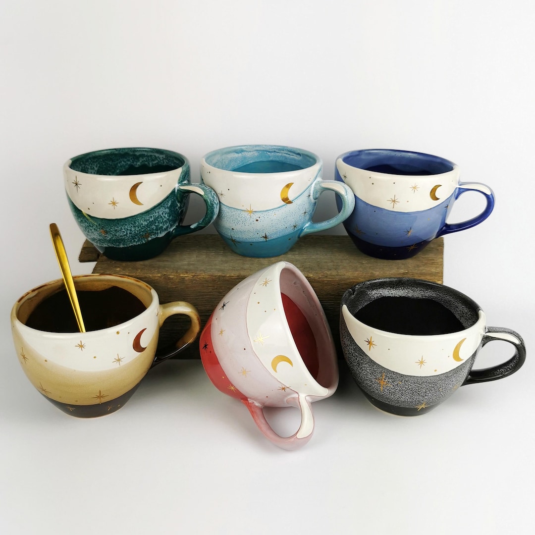 Gold Crescent Moon Ceramic Mugs & Oak Wood Coasters • Handmade Pottery ...
