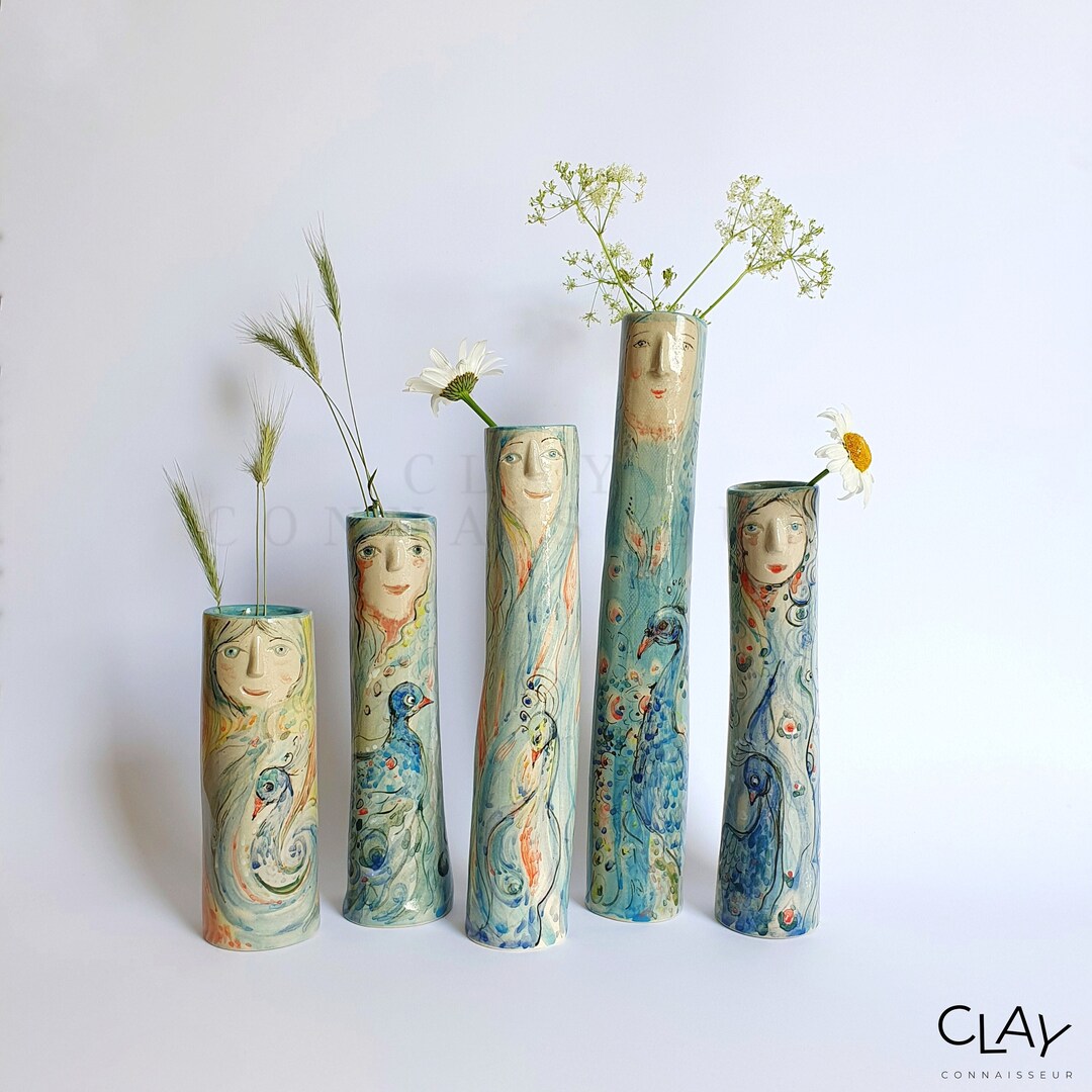 Peacock Family Ceramic Bud Vases • Pottery Vases for Dried Flowers ...
